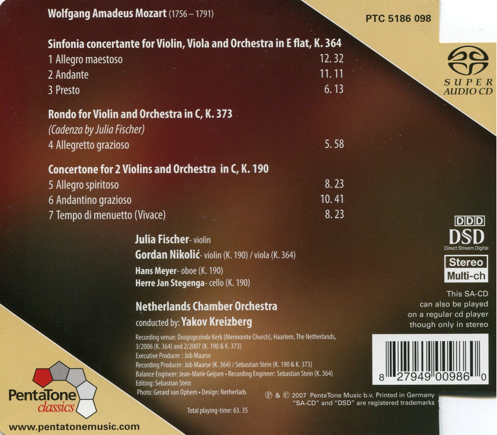 Sinfonia concertante for Violin, Viola and Orchestra in E Flat, K. 364 (SACD)