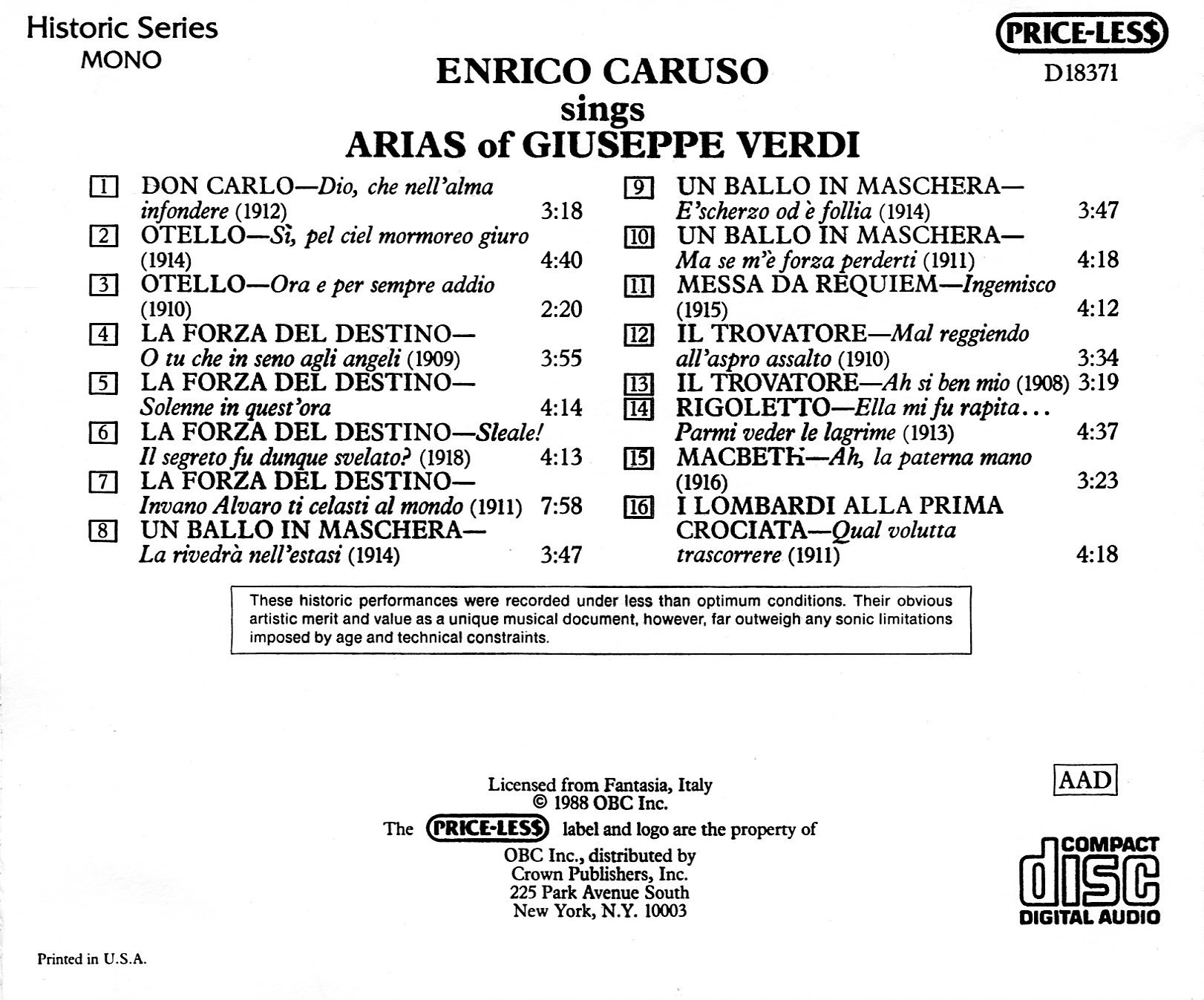 Caruso sings Verdi Arias (CD)